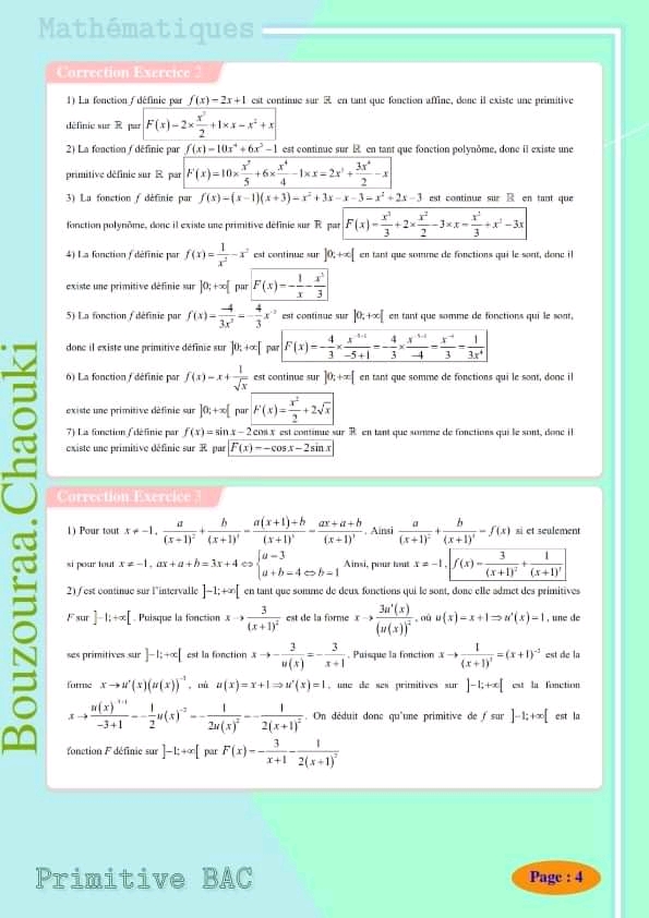 Bac math Math Primitives exercices corriges