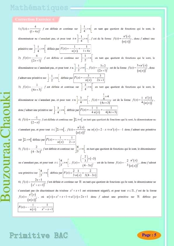 Bac math Math Primitives exercices corriges