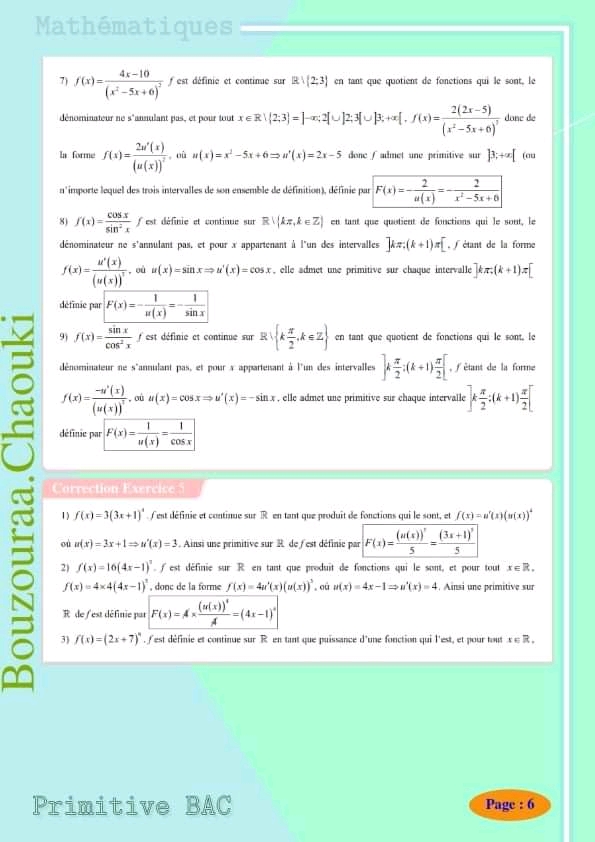 Bac math Math Primitives exercices corriges