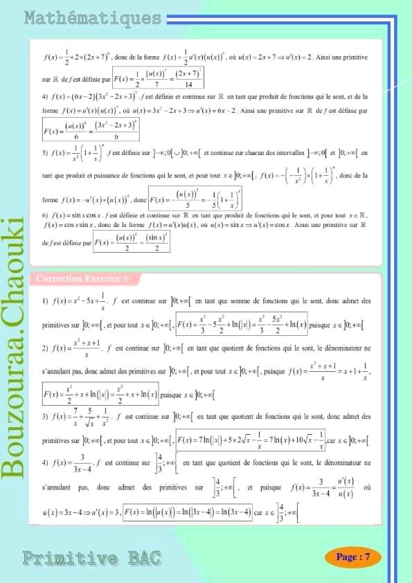 Bac math Math Primitives exercices corriges