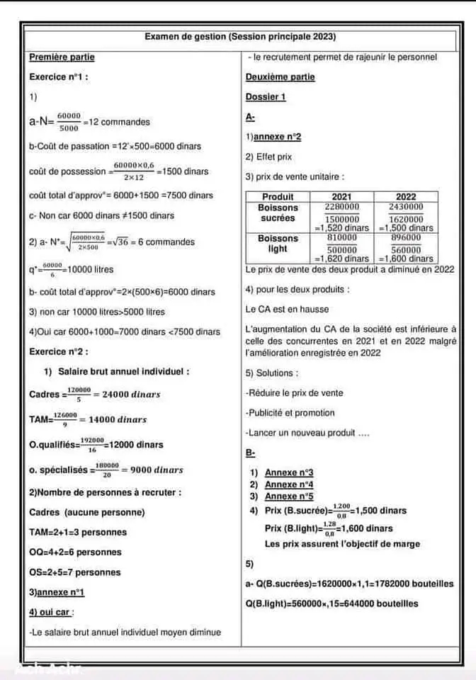 Bac Econmie et Gestion Gestion Correction Gestion