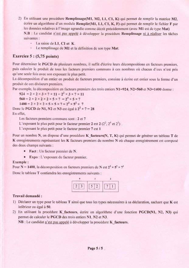 Bac Sc de l'informatique Algorithme et programmation-Examens Baccalaureat