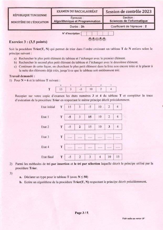 Bac Sc de l'informatique Algorithme et programmation-Examens Baccalaureat
