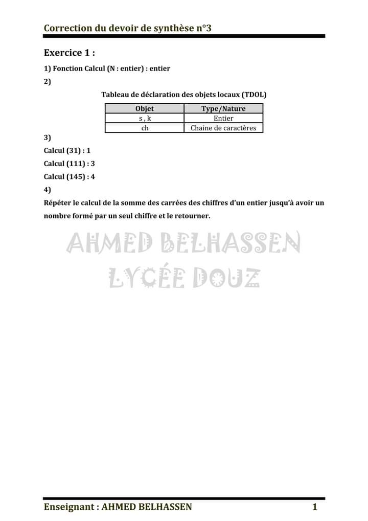 Bac Sc De Linformatique Algorithme Et Programmation Ds N° 3 Sections M Sc And T