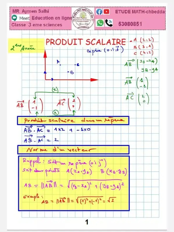 3 ème Mathématiques Math chapitre1 :produit scalaire