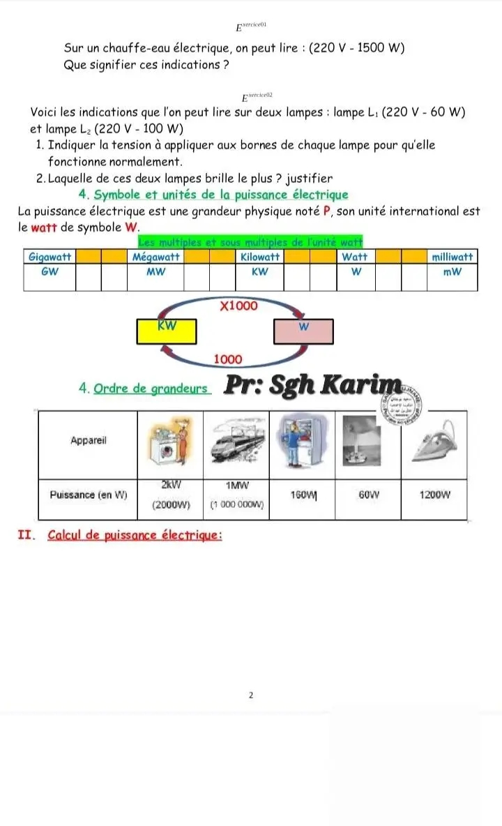 2 ème Sciences Physique-Puissance et energie electrique