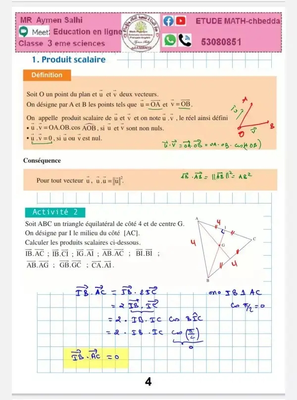 3 ème Mathématiques Math-PRODUIT SCALAIRE DANS LE PLAN