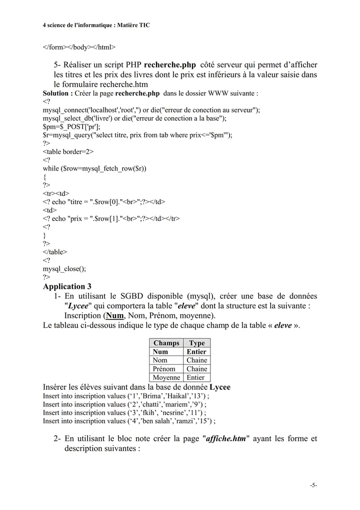 Bac Sc de l'informatique Algorithme et programmation Cours PHP Bac Informatique 2020 Merci à l ...