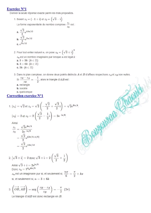 Bac math Math 5 EXERCICES CORRIGES QCM SUITE INTEGRALE COMPLEXE