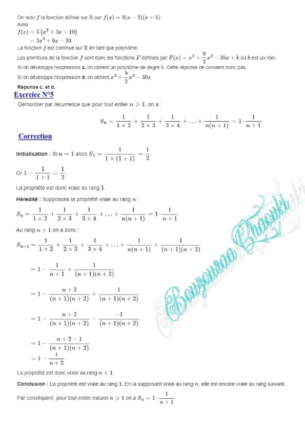 Bac math Math 5 EXERCICES CORRIGES QCM SUITE INTEGRALE COMPLEXE