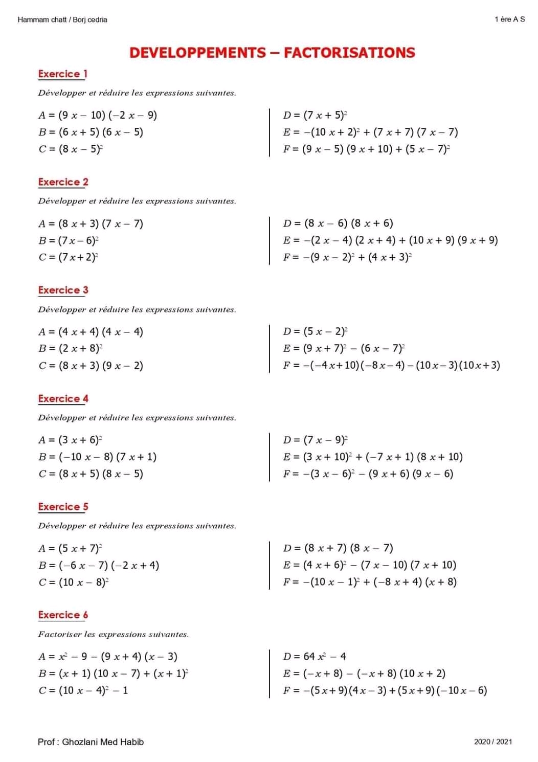 1ère année secondaire Math Activites algebrique:Formules+Exercice ...