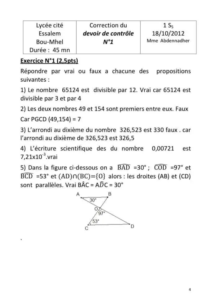 1ère année secondaire Math Devoir de contrôle n 1 math avec correction ...