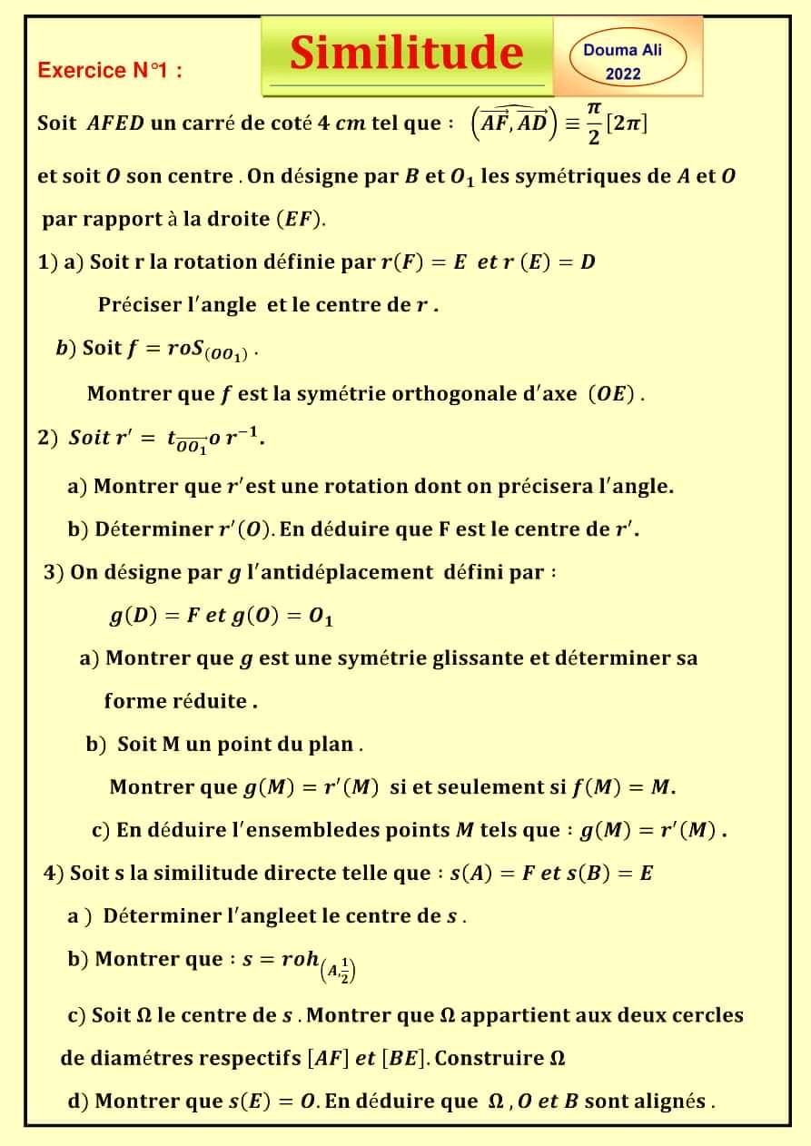 Bac math Math Similitudes (4M) Une correction exercice 1 et 2