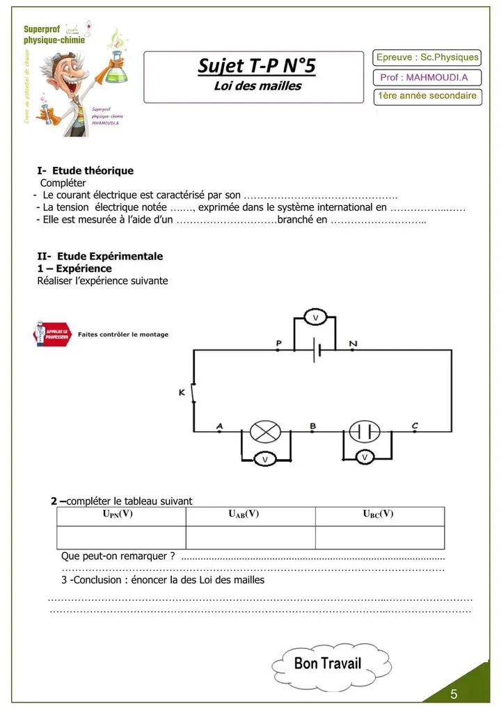 1ère année secondaire Physique 1ère_année_secondaire / 1er trimestre Exemples de sujets de TP de ...
