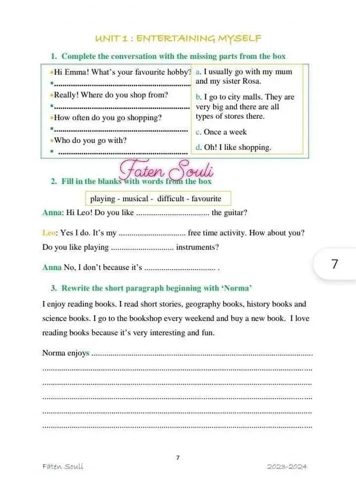 السنة السادسة ابتدائي English Anglais 6 ème année🌹 Unit 1 avec corrigé☘️ Faten Souli 🫶