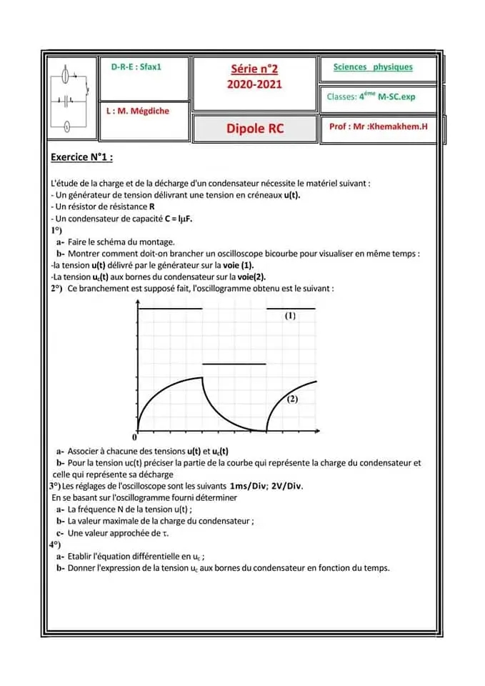 Bac Sc expérimentales Physique Deux Série corrigées dipôle RC 🤩😍😊😊