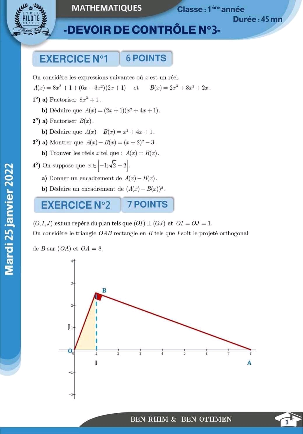 1ère année secondaire Math Devoir de controle N3