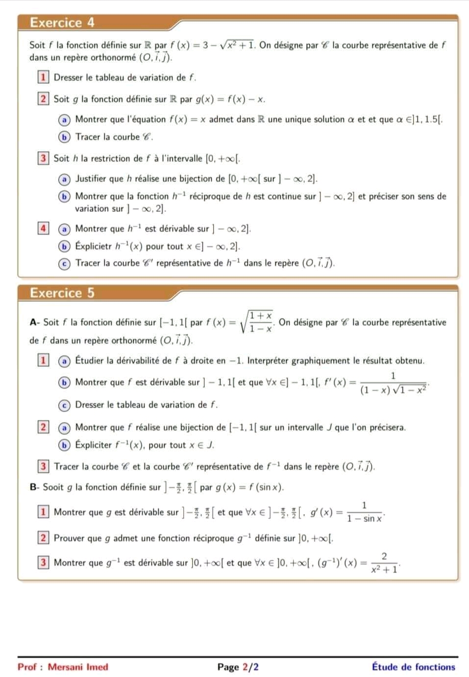 Bac Sc expérimentales Math etude de fonction serie de corrige 4sc