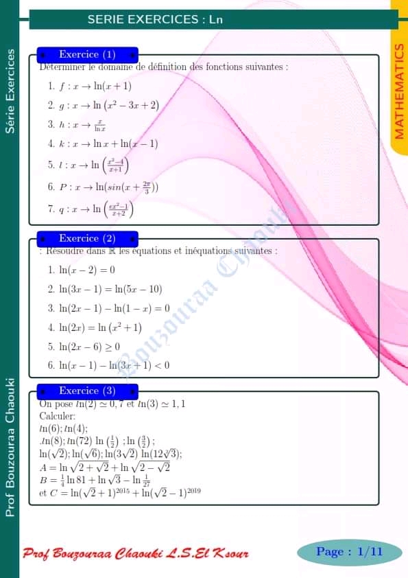 Bac math Math Series exercices math Ln