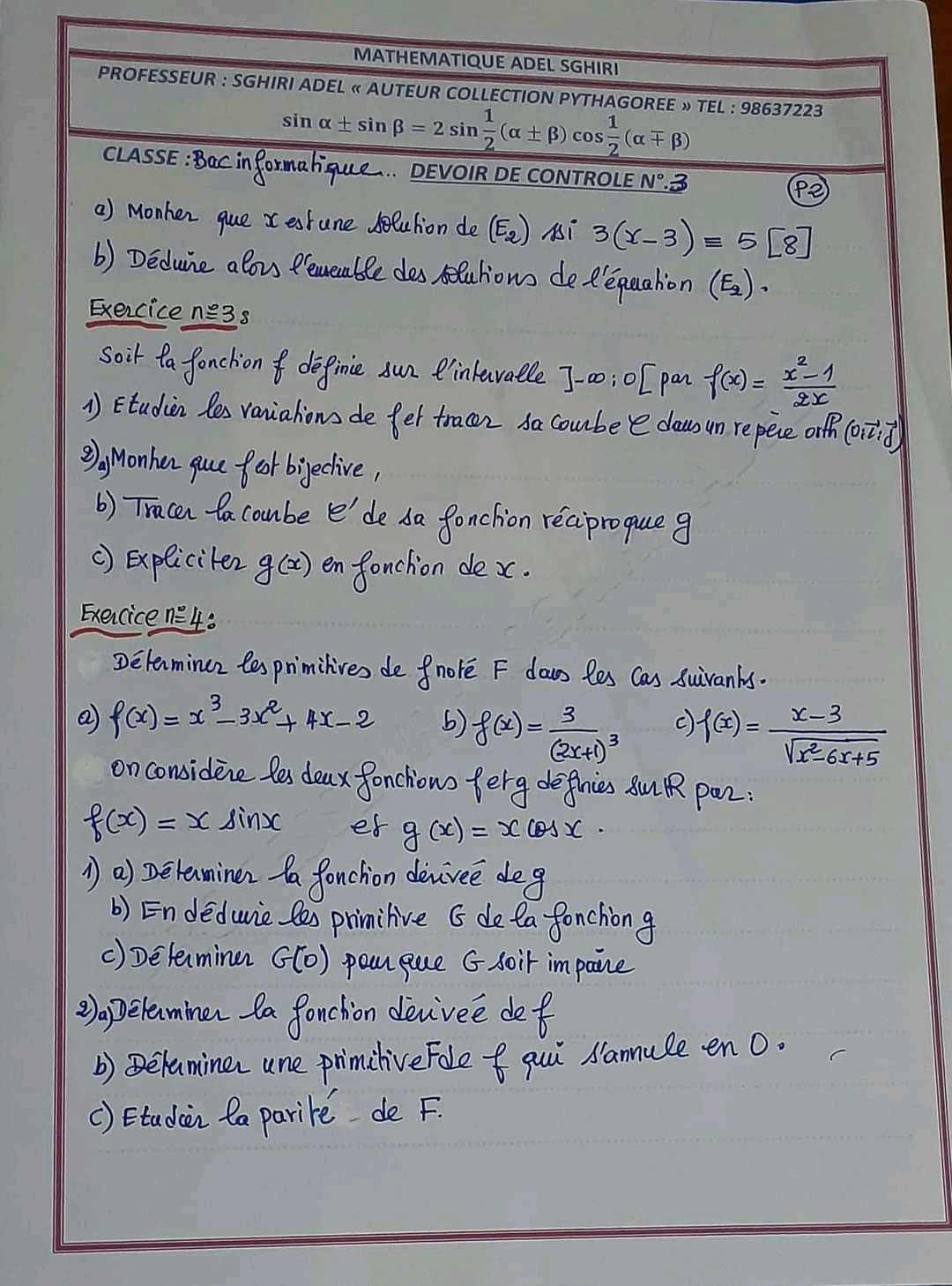 Bac Sc de l'informatique Math Devoir de controle n 3 math