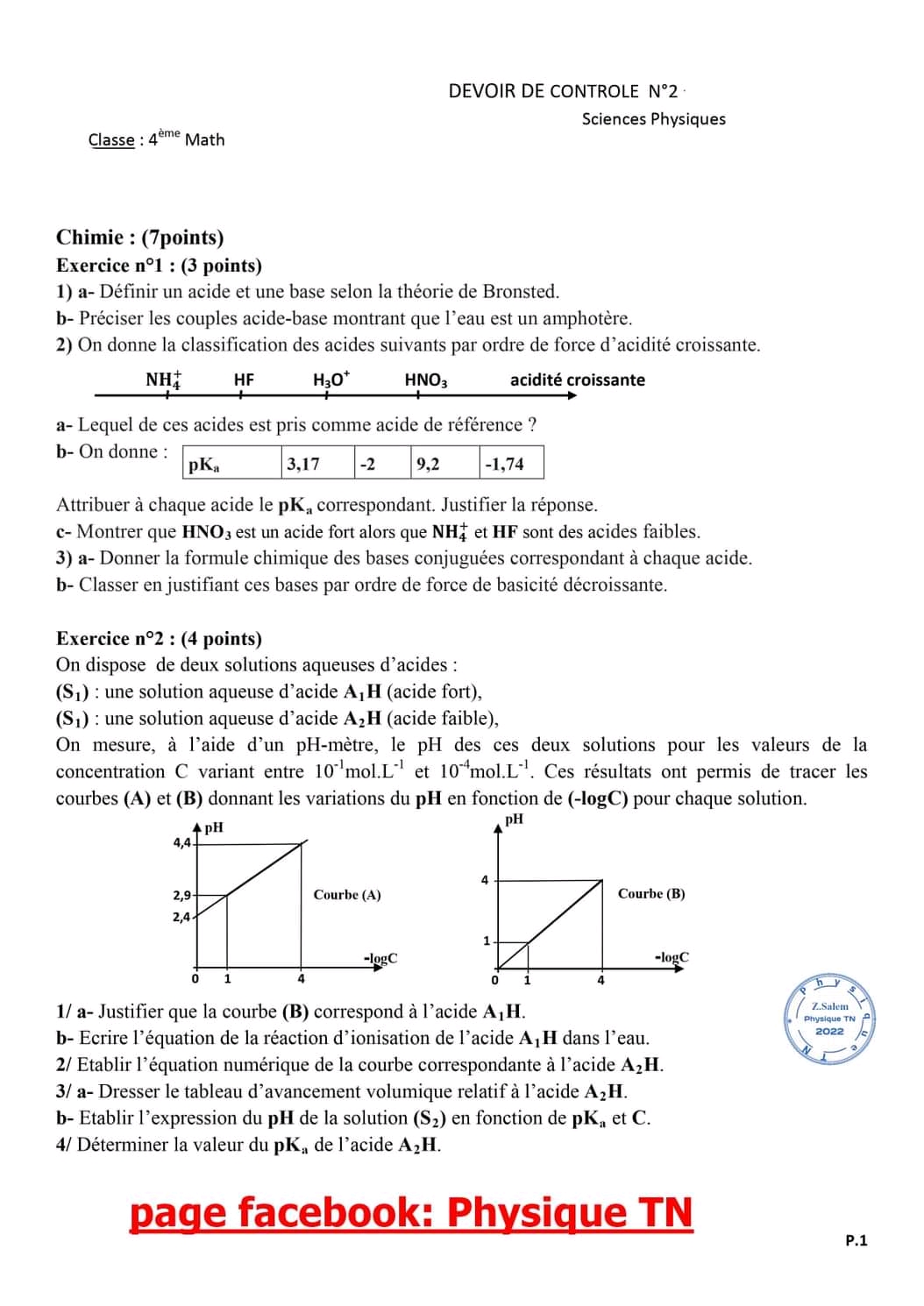 Bac math Physique devoir de controle n 2 physique avec corrige