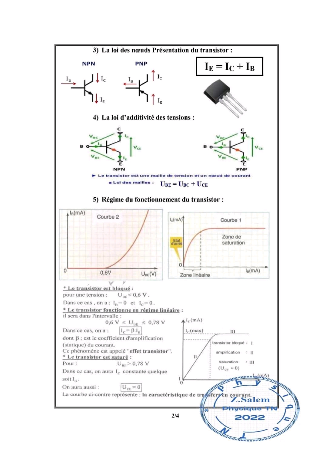 2 ème Technologie de l'informatique Physique Résumé transistor 2ème Info