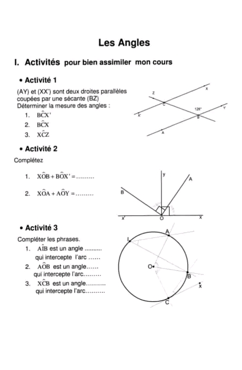 1ère année secondaire Math cours avec des exercices concernant les angles niveau: 1ére secondaire
