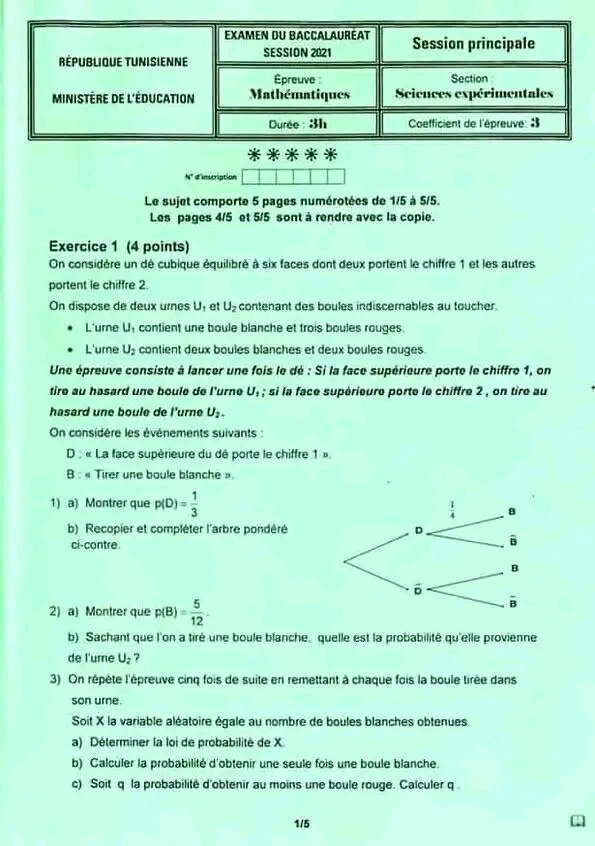 Bac Sc expérimentales Concours Bac Principal bac sciences 2021