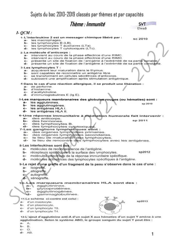Bac Sc expérimentales Sciences SVT Sujets du bac corrigés : Immunité. NB: le dysfonctionnement ...