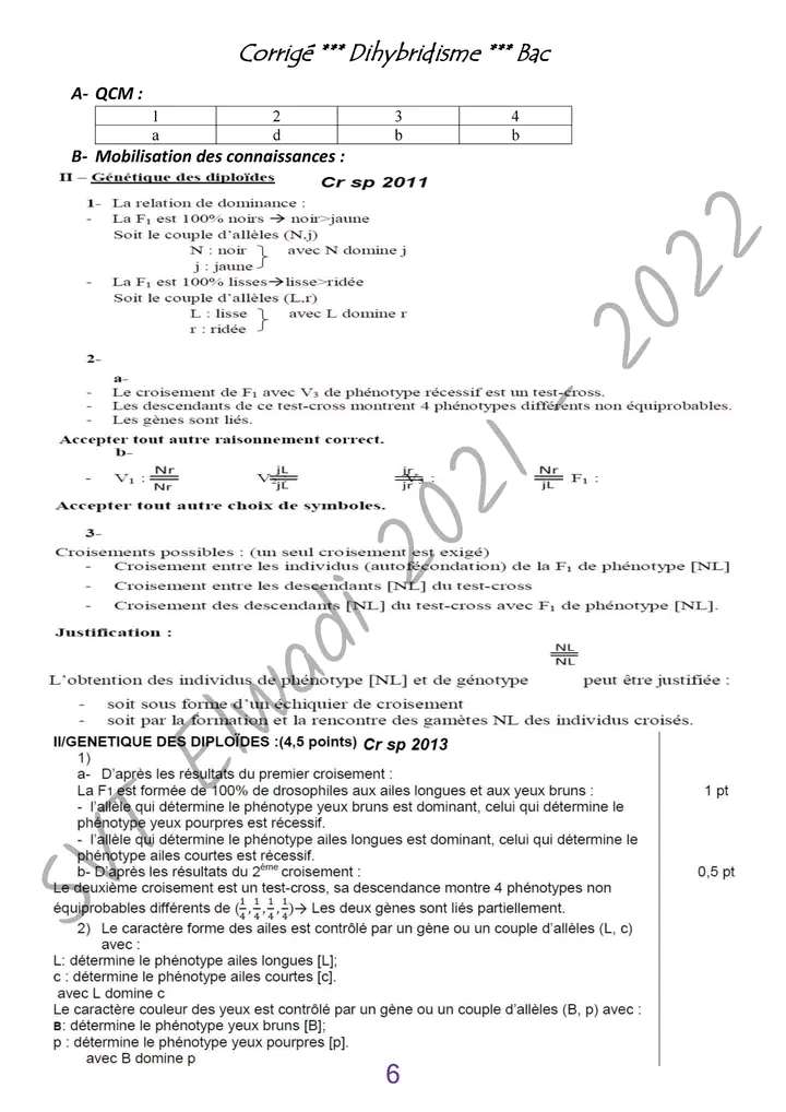 Bac Sc expérimentales Sciences SVT Sujets du bac corrigés: Thème Dihybridisme.