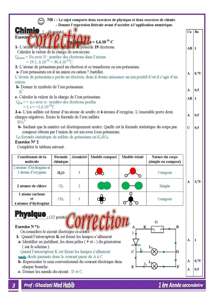1ère année secondaire Physique-Devoirs de synthèse Physique trimestre 1