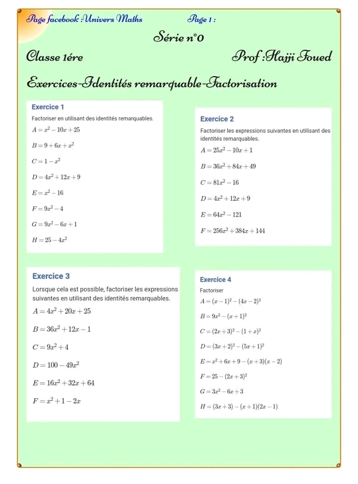 1ère année secondaire Math Série d'exercices n°0 avec correction ...