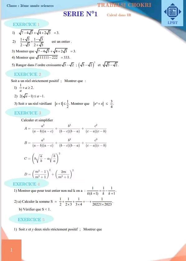 2 ème Sciences Math Série 2eme Sciences Calcul dans IR