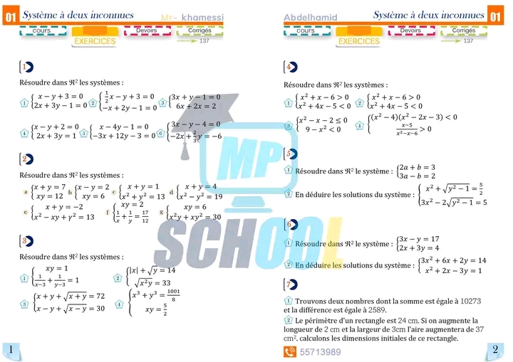 2 ème Sciences Math MATHS ------ 2ème année ------ système à deux inconnues