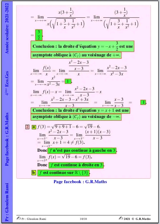 Bac math Math Correction détaillée de Série n°1 LIMITE ET