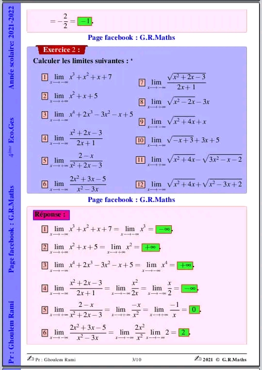 Bac math Math Correction détaillée de Série n°1 LIMITE ET