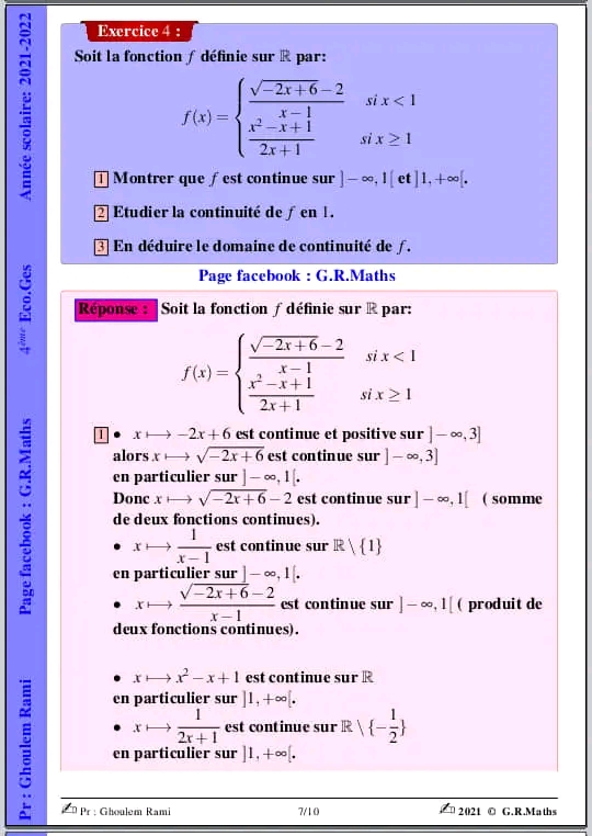 Bac math Math Correction détaillée de Série n°1 LIMITE ET