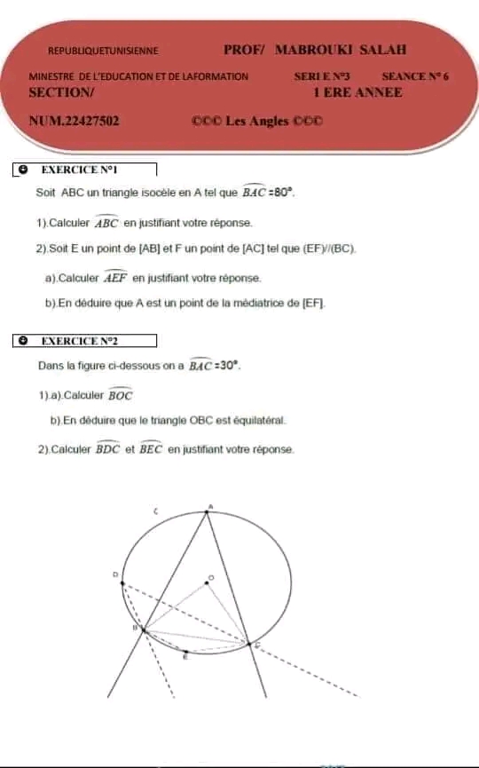 1ère année secondaire Math série de revision concernant les angles ...