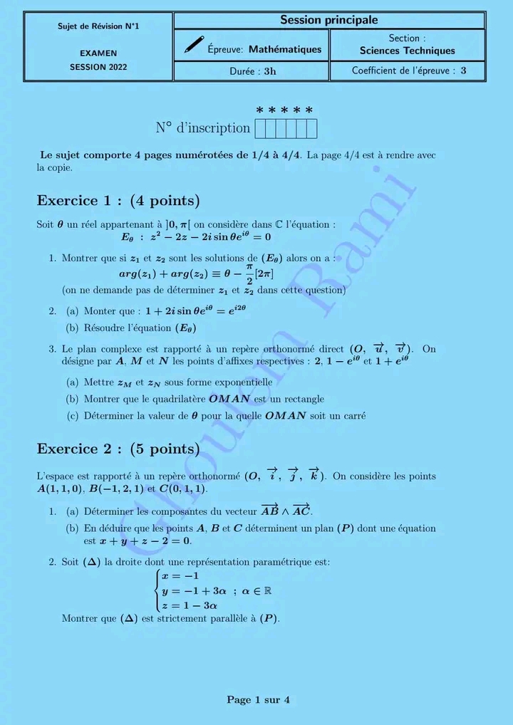 Bac Sc expérimentales Math Sujet de Révision N°1