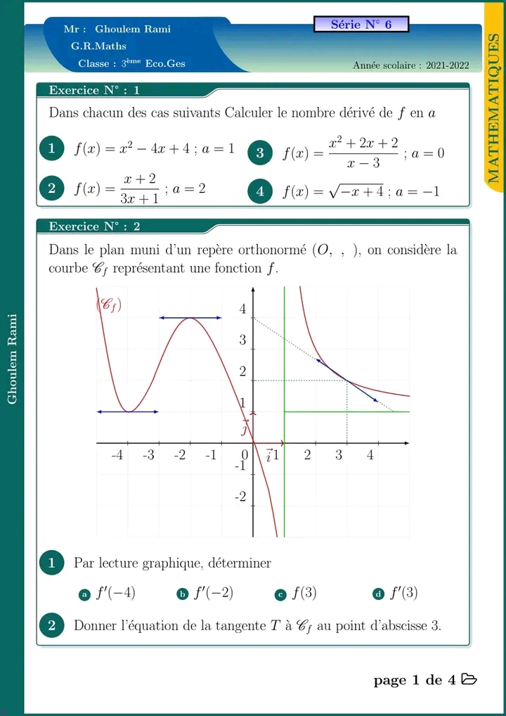 3 ème économie et gestion Math Chapitre : dérivation 3ème Eco