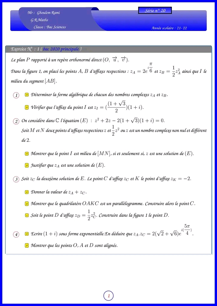 Bac Sc expérimentales Math Sujet de Révision N°1