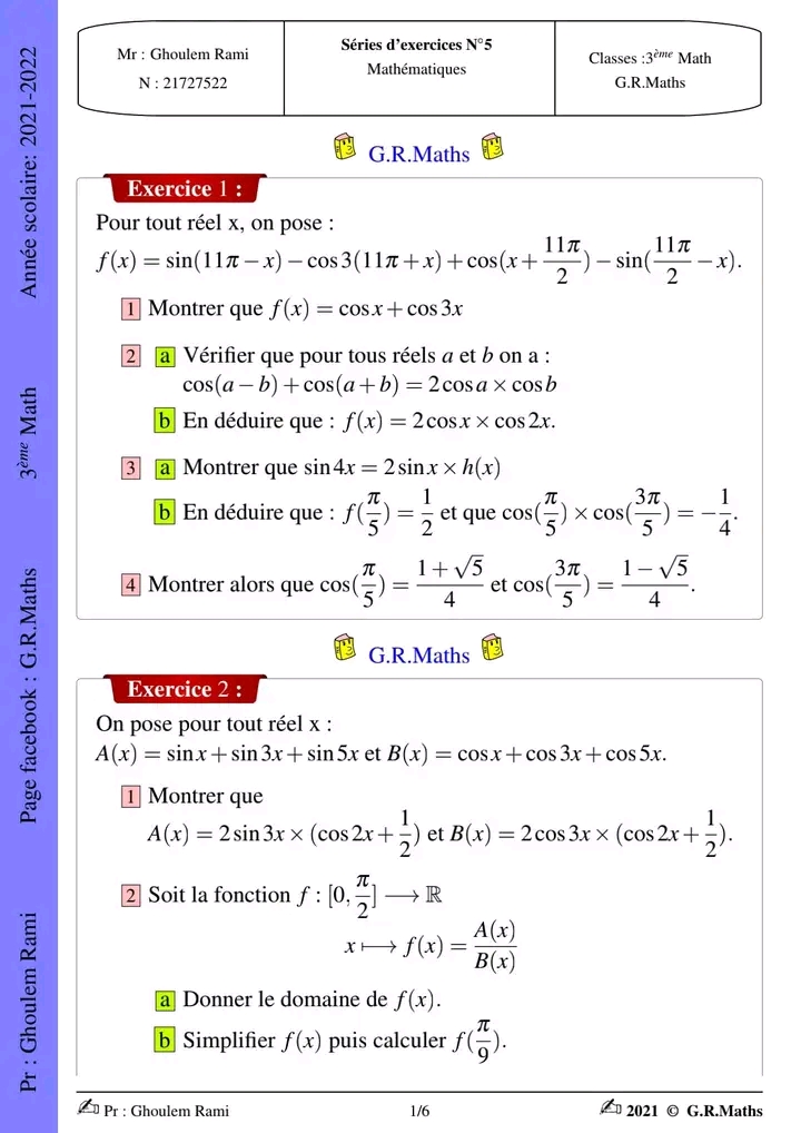 3 ème Sc expérimentales Math Trigonométrie