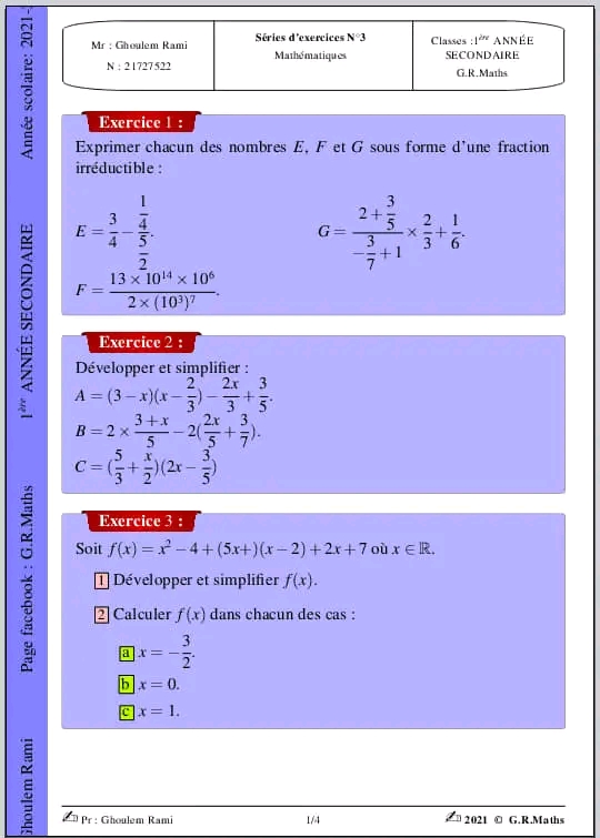1ère année secondaire Math Série n°3 Activités numériques II 1ère année ...