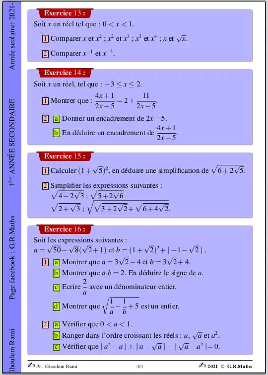1ère année secondaire Math Série n°3 Activités numériques II