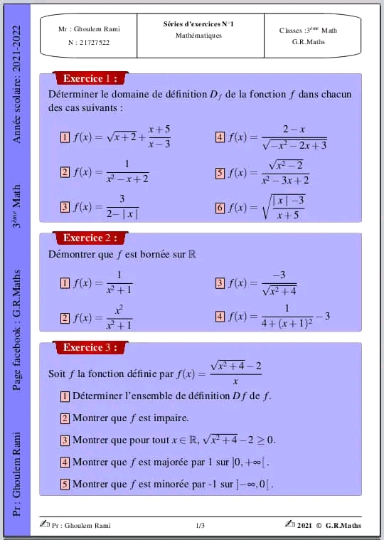 3 ème Sc expérimentales Math-Généralités sur les fonctions