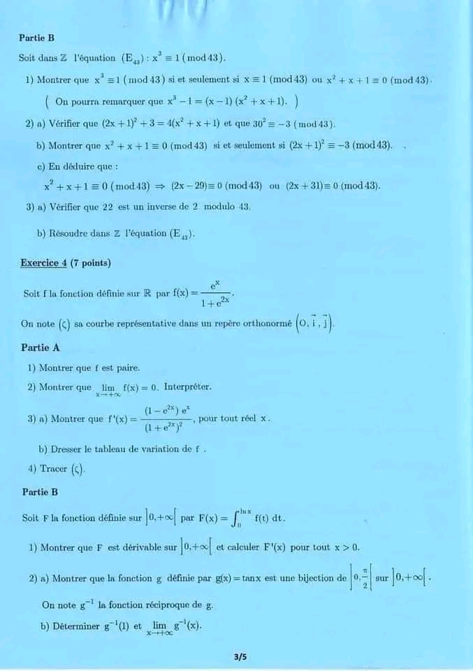 Bac math Math Corrigé de l'épreuve de maths (Bac maths) session de contrôle