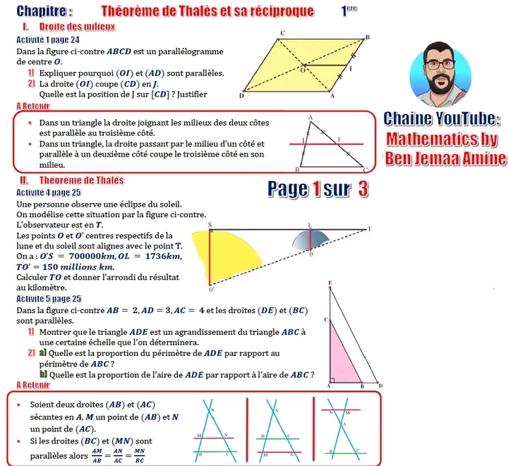1ère année secondaire Math Chapitre : Théorème de Thalès et sa réciproque