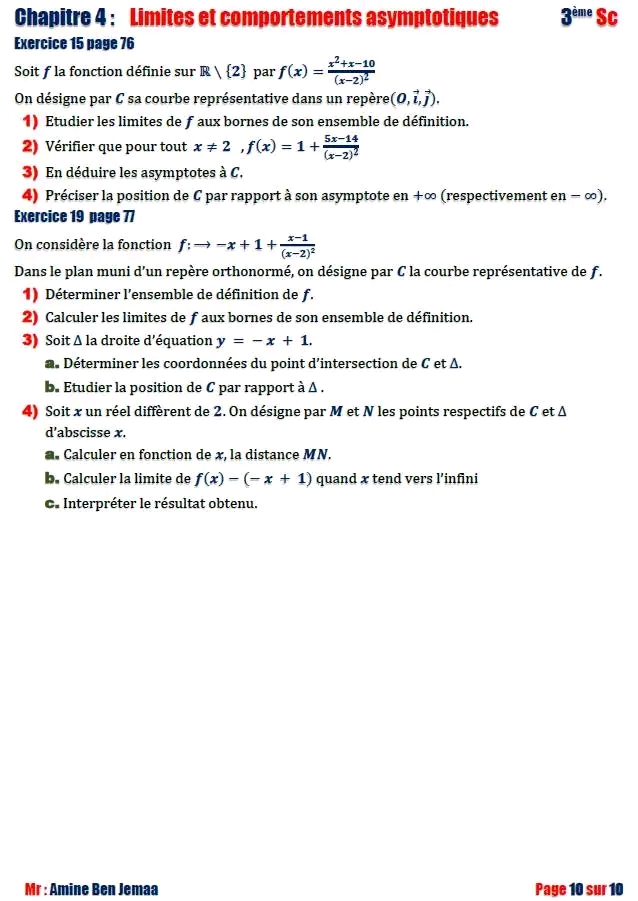 3 ème Mathématiques Math Chapitre 4 : Limites et comportements ...