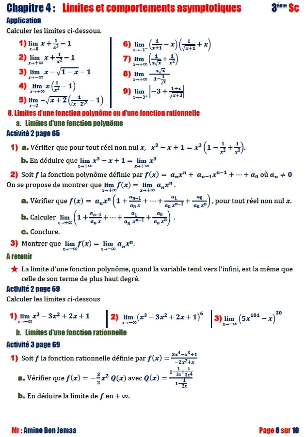 3 ème Mathématiques Math Chapitre 4 : Limites et comportements ...