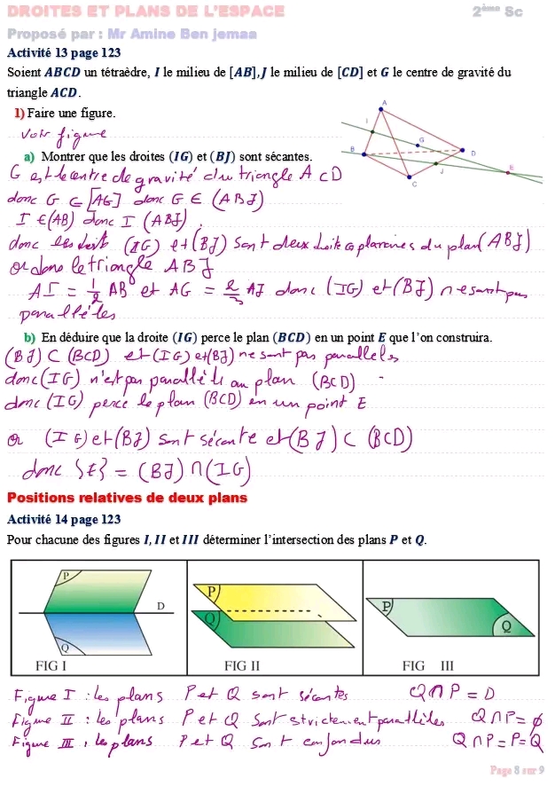 2 ème Sciences Math Droites et Plans de l'espace 2ème info +Sc